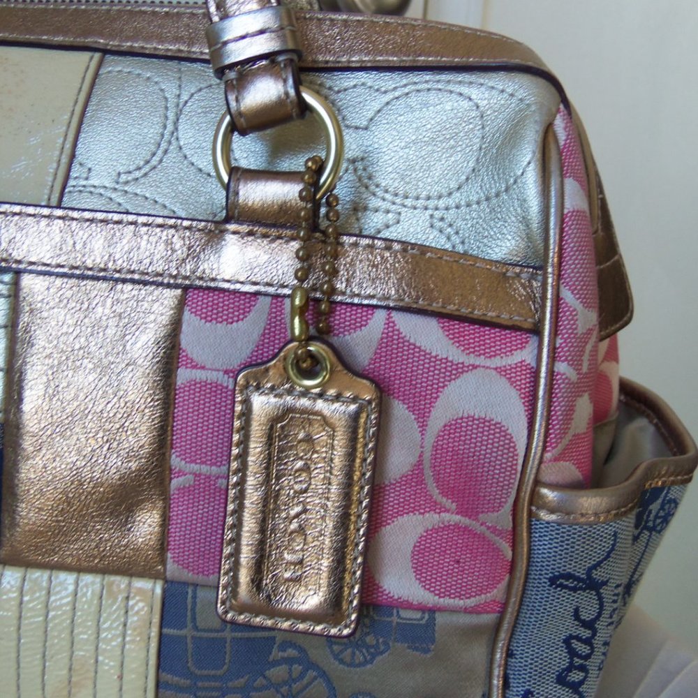 Coach Signature Patchwork Satchel Gold Pink Purple - Gem